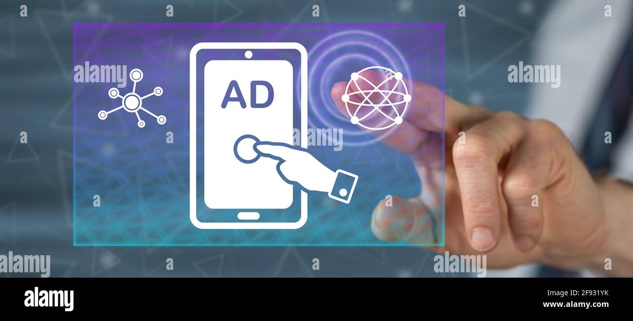 Man touching an advertising concept on a touch screen with his finger ...