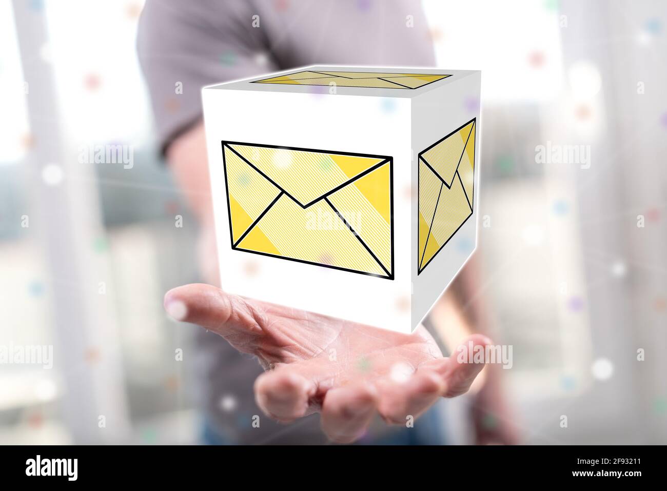 Message concept above the hand of a man in background Stock Photo - Alamy