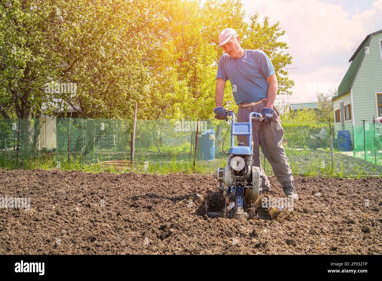 A man cultivates the soil in the garden using a motor cultivator ...