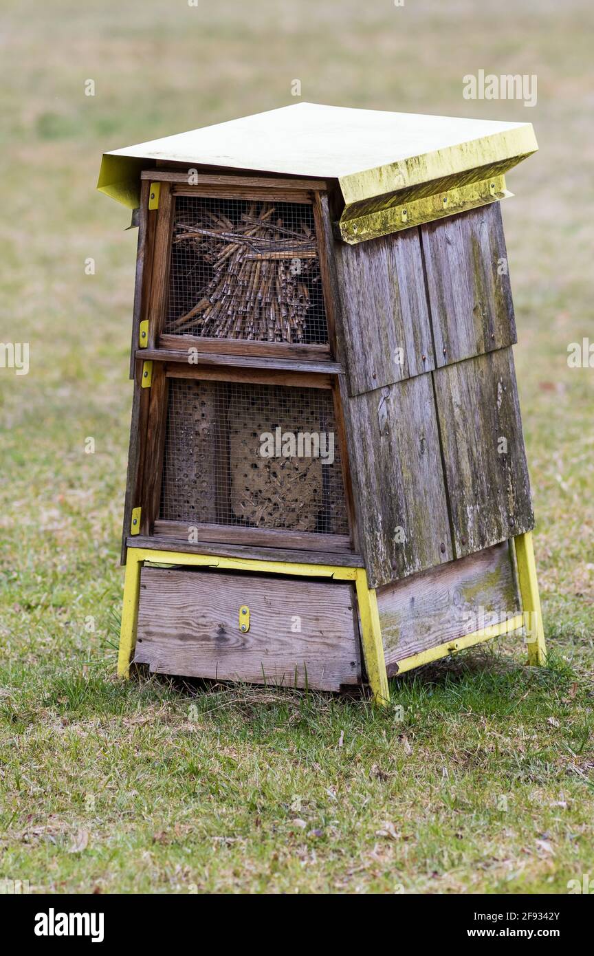 Vertical shot of a wooden insect house on the farmland Stock Photo - Alamy