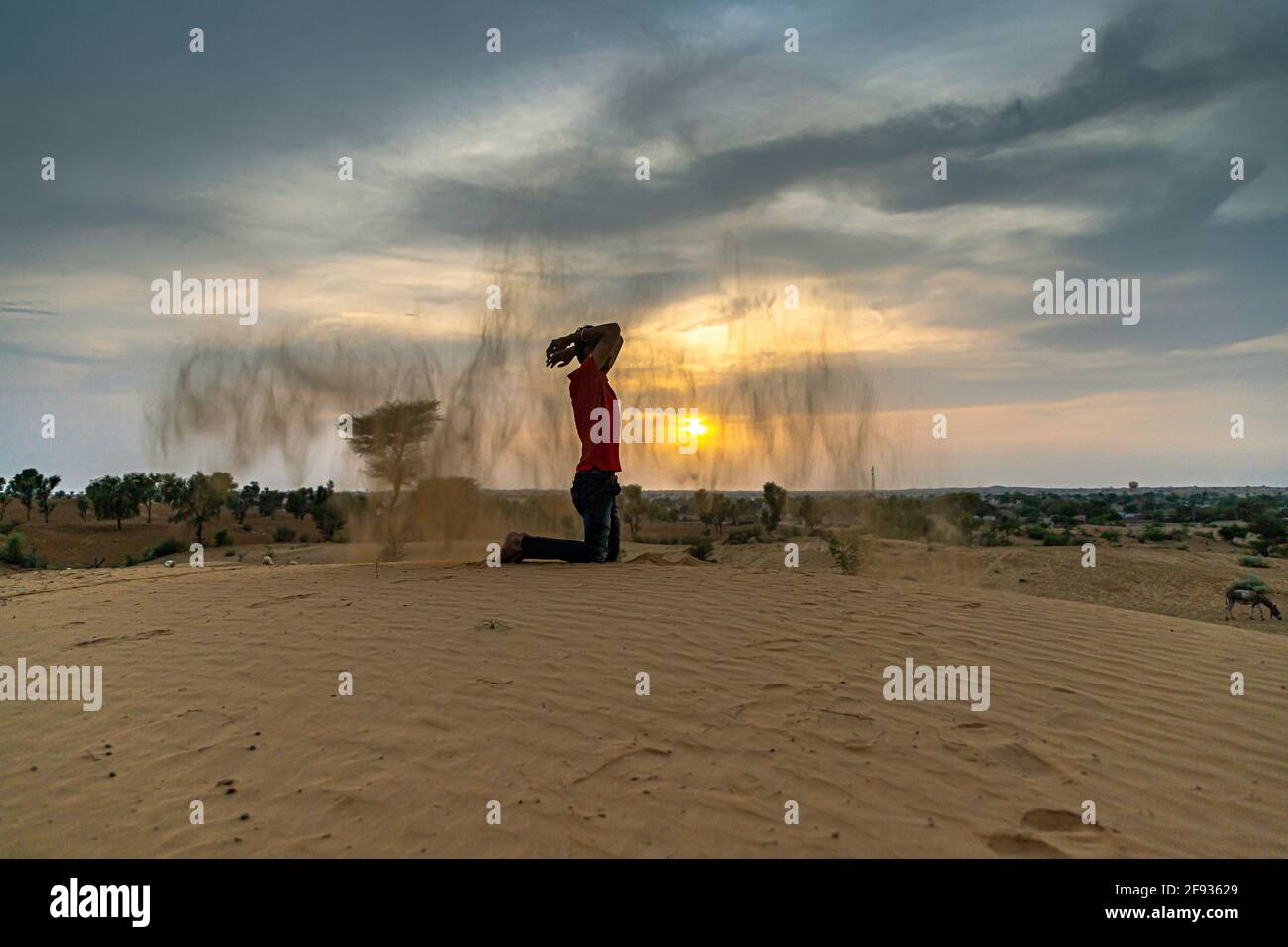 unidentified man throwing with sand in the air at thar desert jaisalmer ...