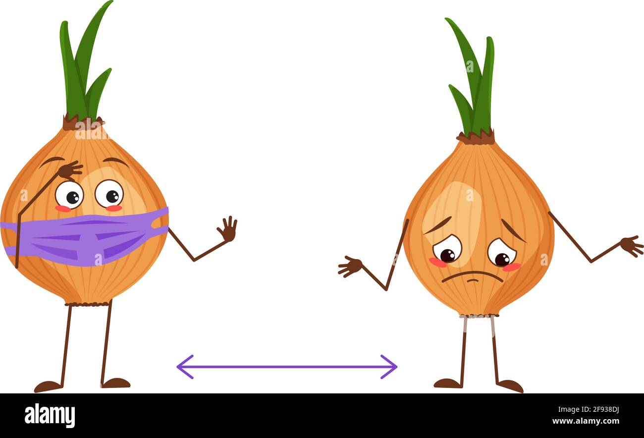Cute onion characters with face and mask keep distance, arms and legs ...