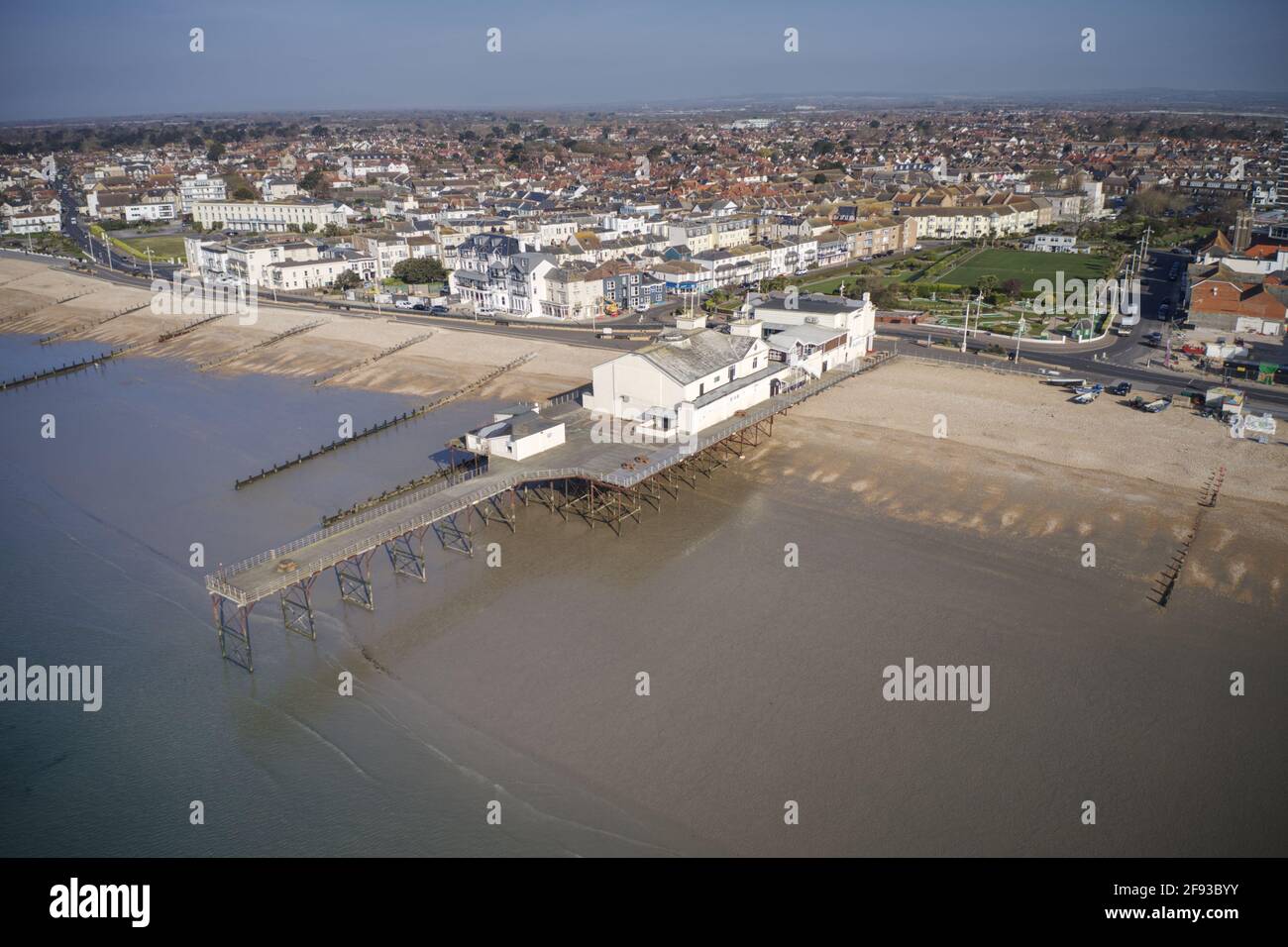 Aerial view of Bognor Regis Seafront from the sea, with the Pier in ...