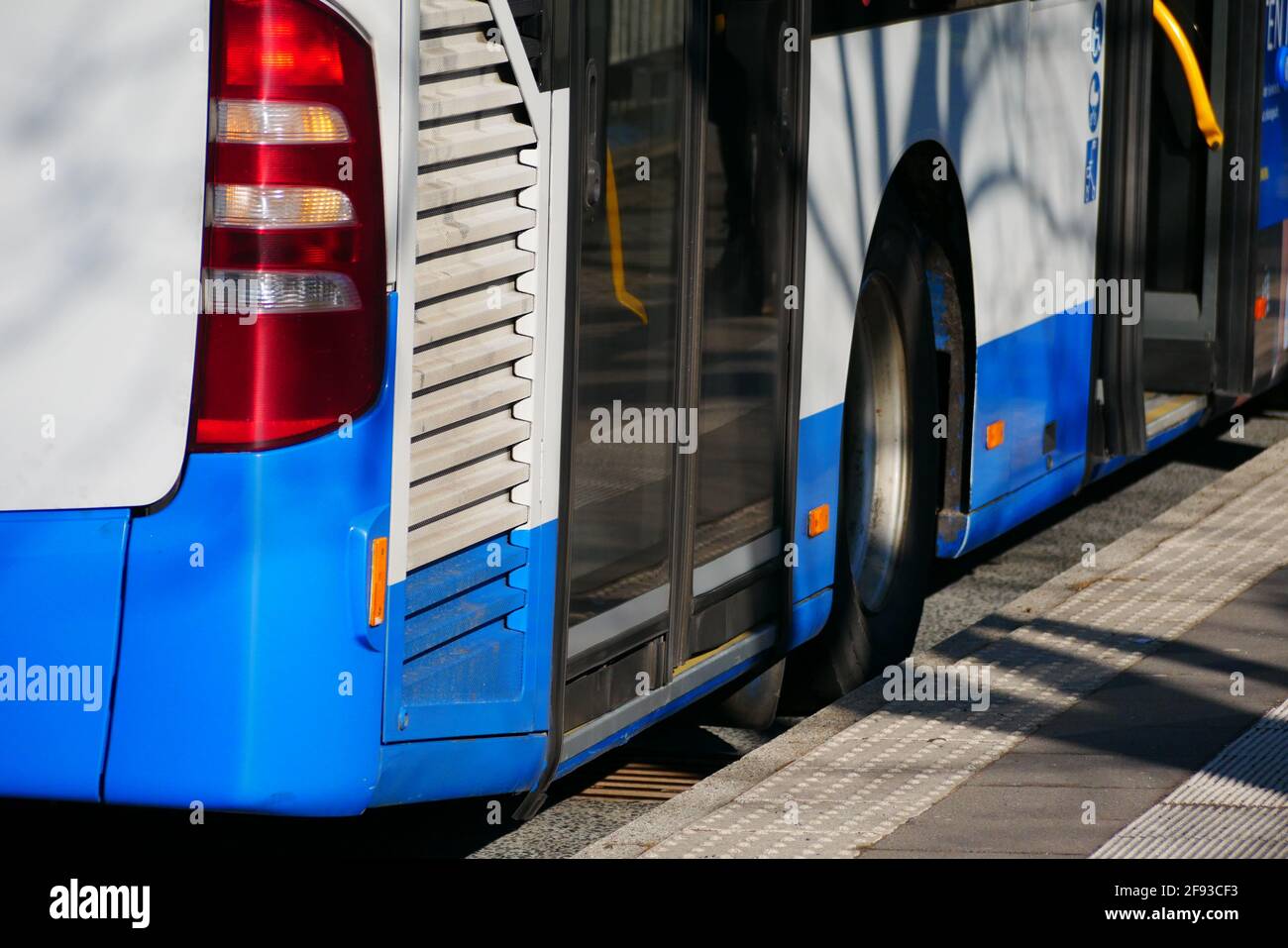 close up of a bus that stops at a bus stop for getting on and off Stock ...