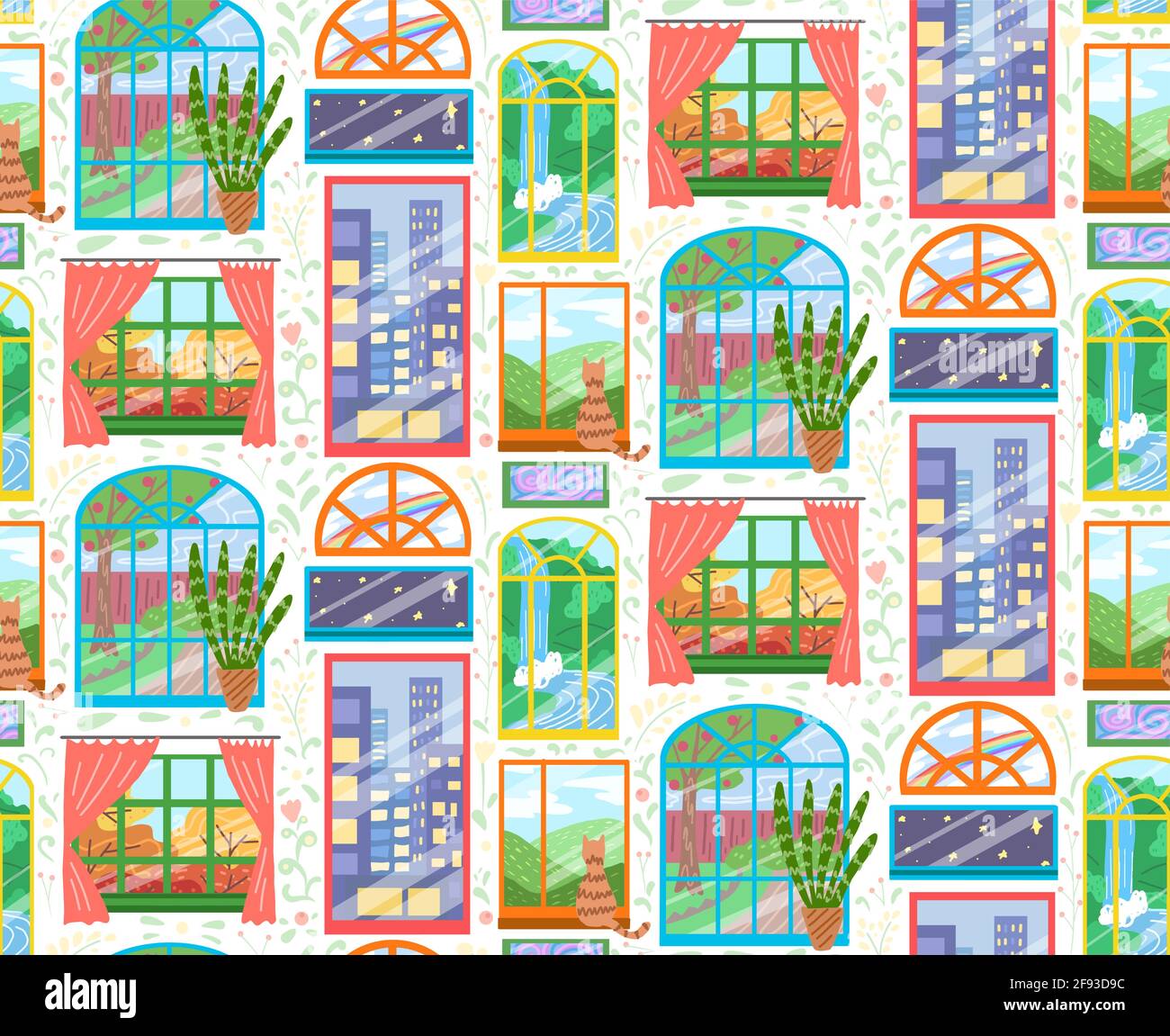 Seamless childrens bright texture of various windows with a floral ...