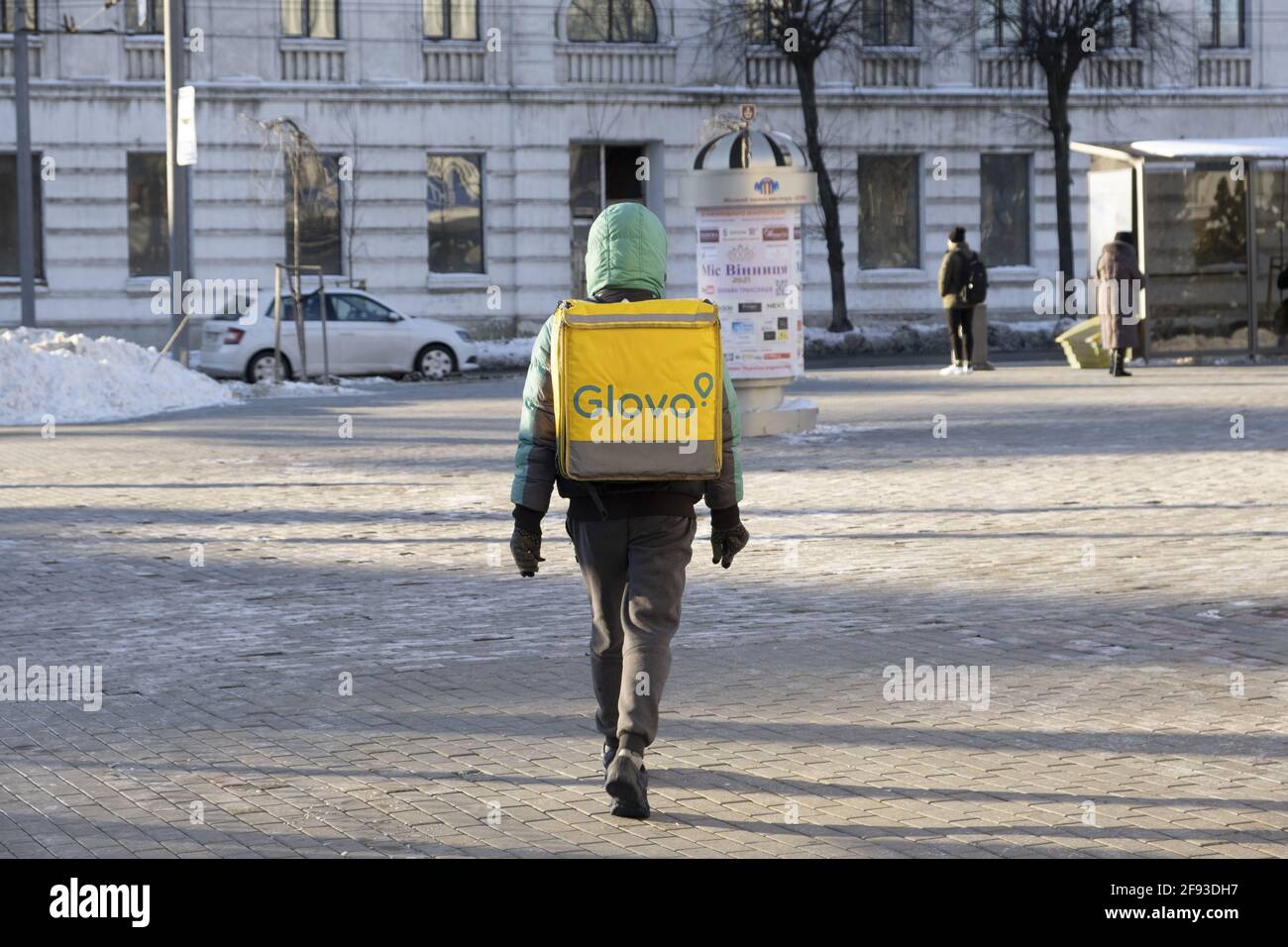 Vinnytsia, Ukraine - 16 February 2021: A Glovo logo on bag food ...