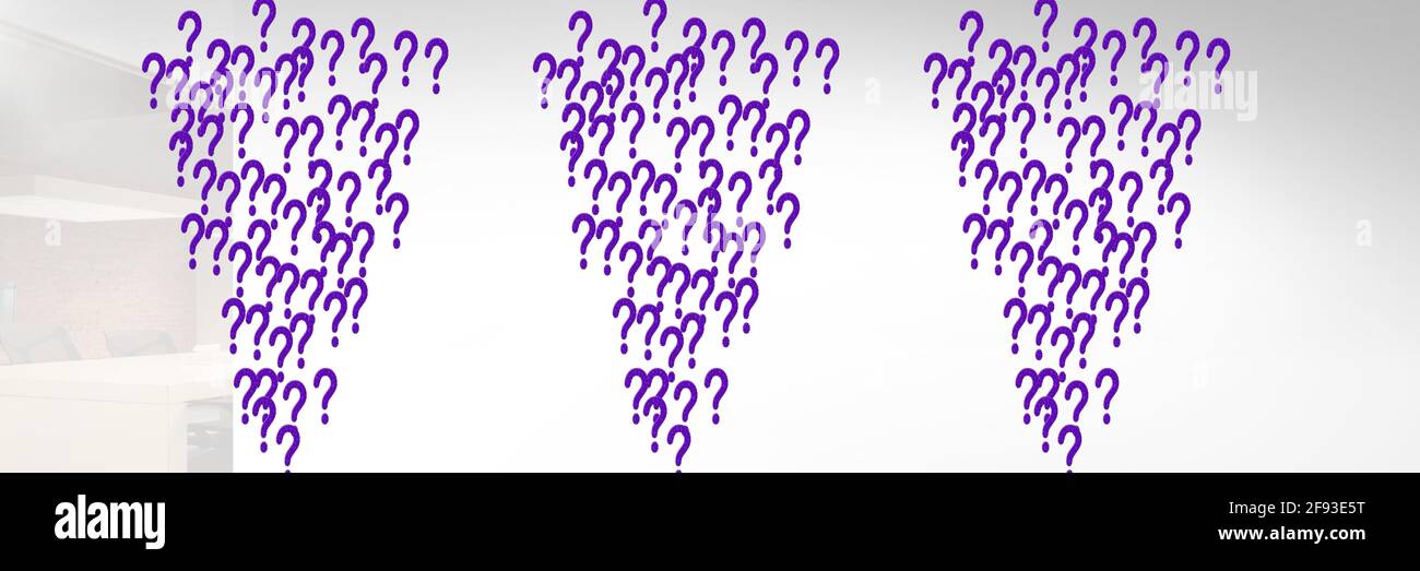 Multiple purple question marks against a white office building ...