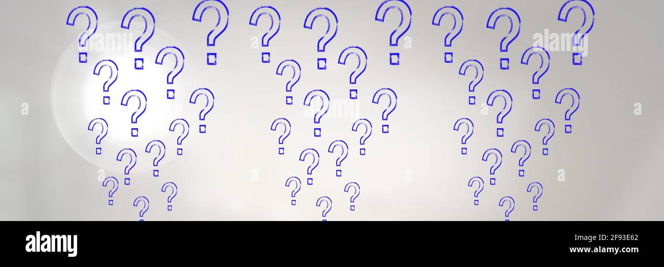 Multiple blue question marks against a white office building background ...