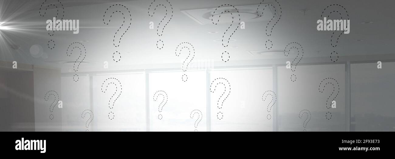Multiple question marks against a white office building background ...