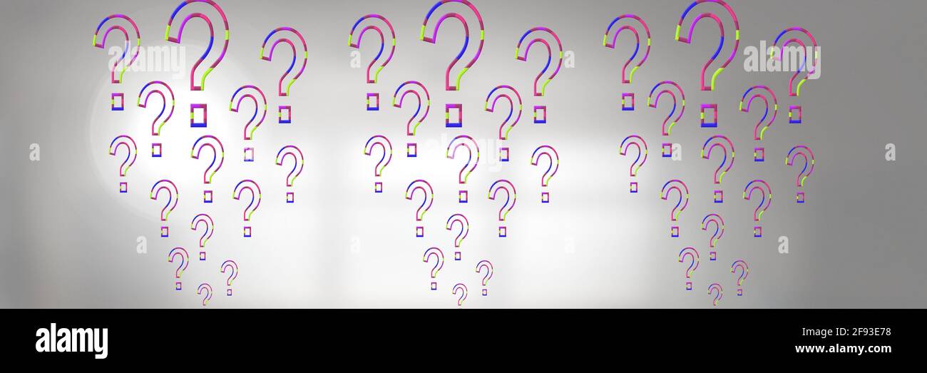 Multiple multicolor question marks against a white office building ...