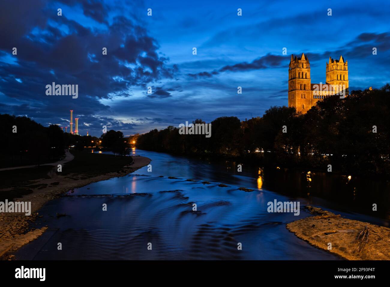Isar river, park and St Maximilian church from Reichenbach Bridge ...
