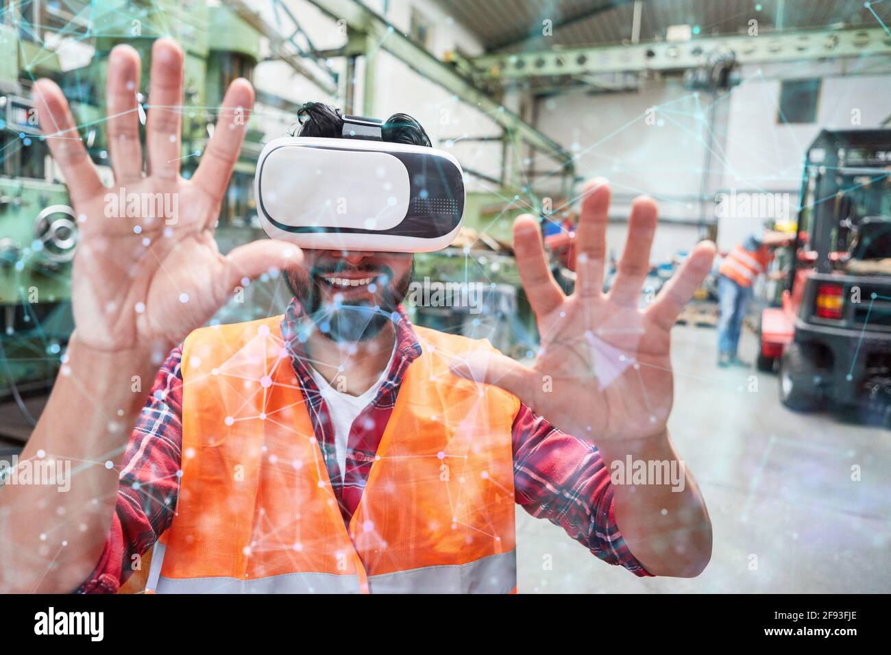 Worker with VR glasses sees virtual networking and connection as ...