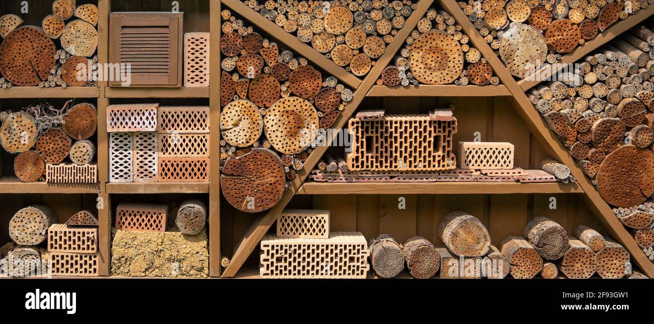 Large wide insect hotel in the shape of a shelf Stock Photo - Alamy