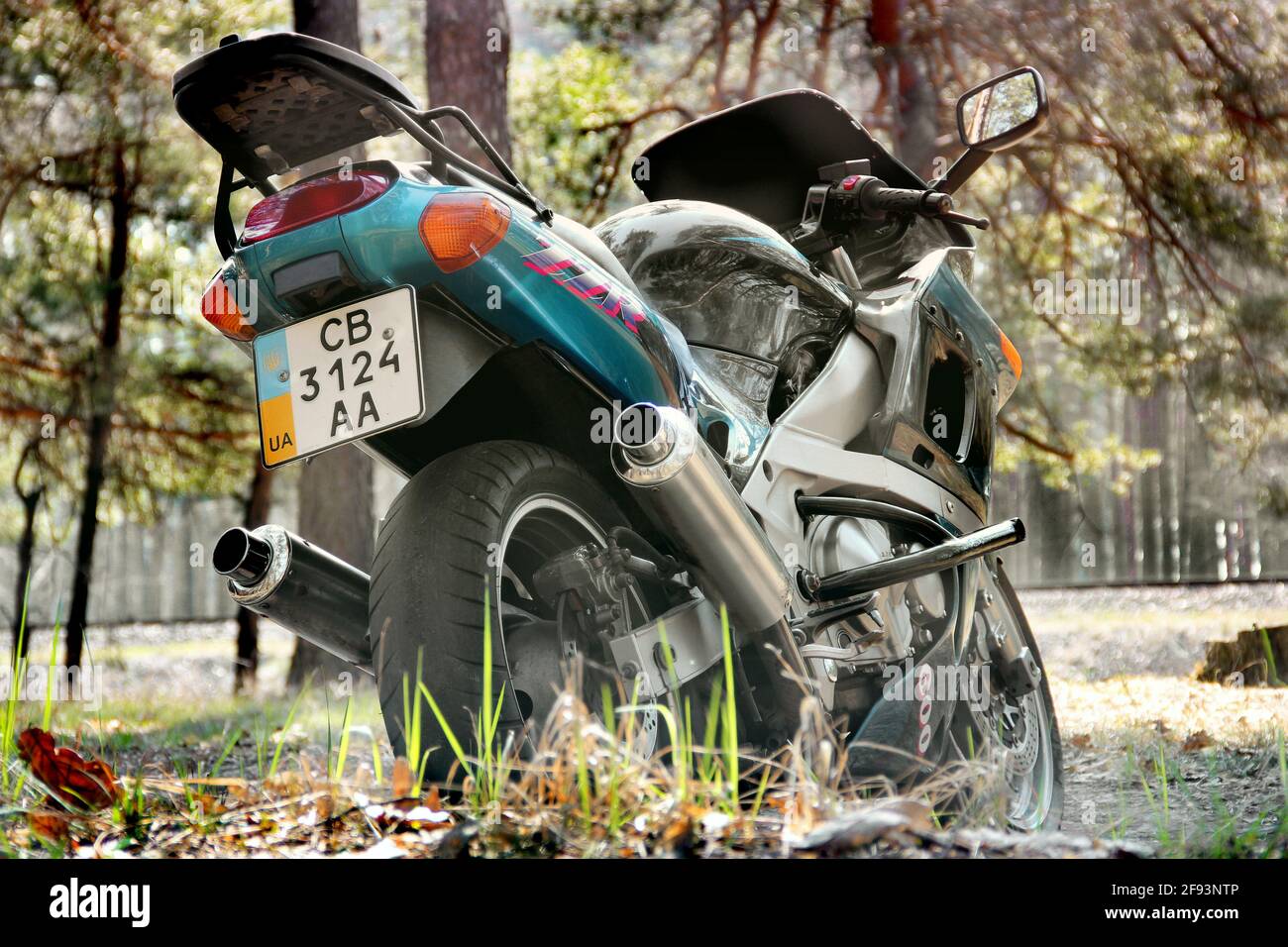 April 7, 2020 - Chernihiv, Ukraine: Motorcycle in the forest. Kawasaki ...