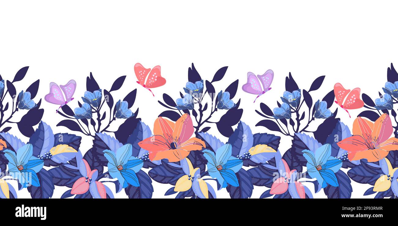 Vector floral seamless pattern, border. Blue. pink, coral color flowers ...