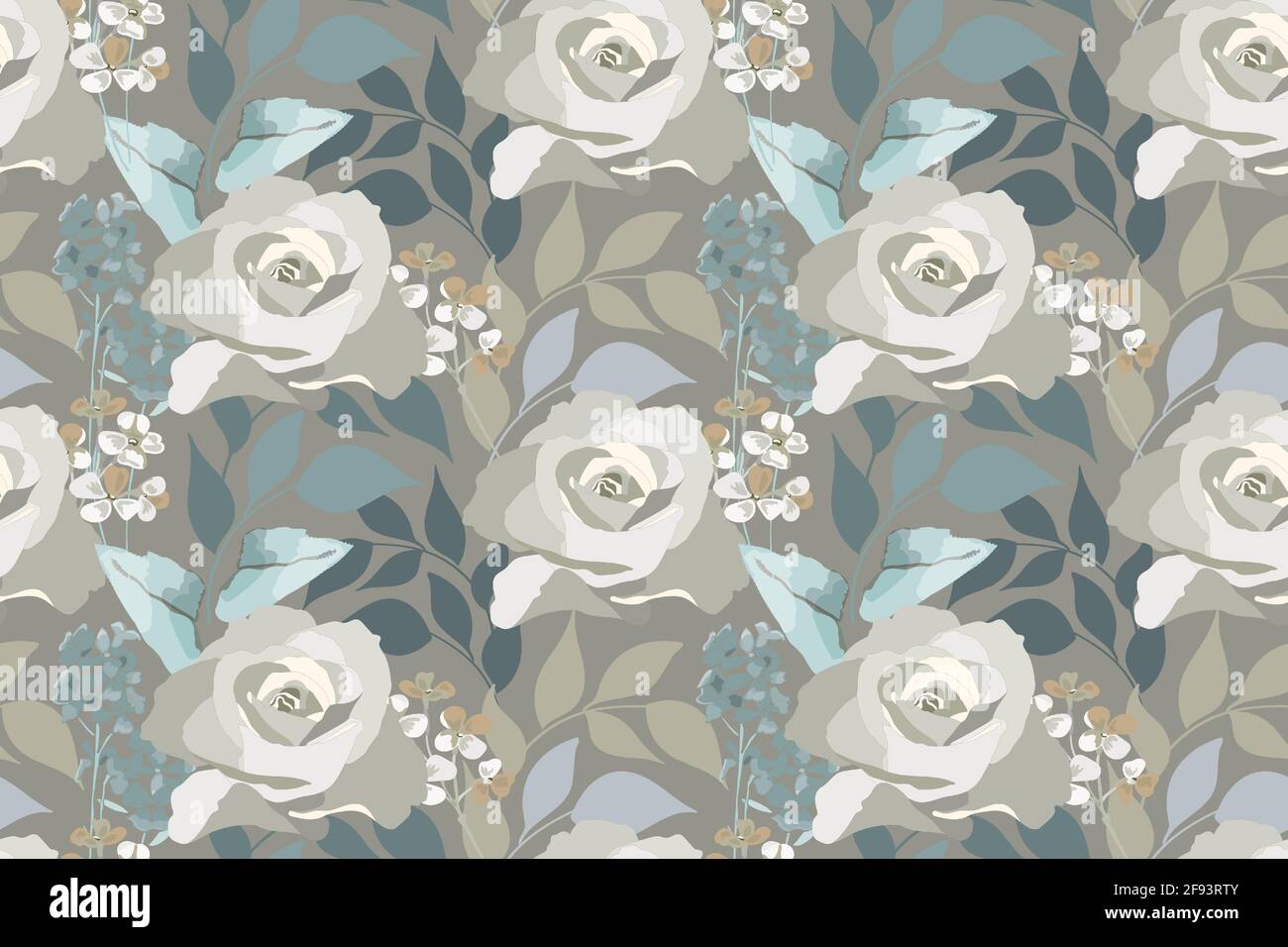 Vector floral seamless pattern. Delicate roses, blue leaves isolated on ...