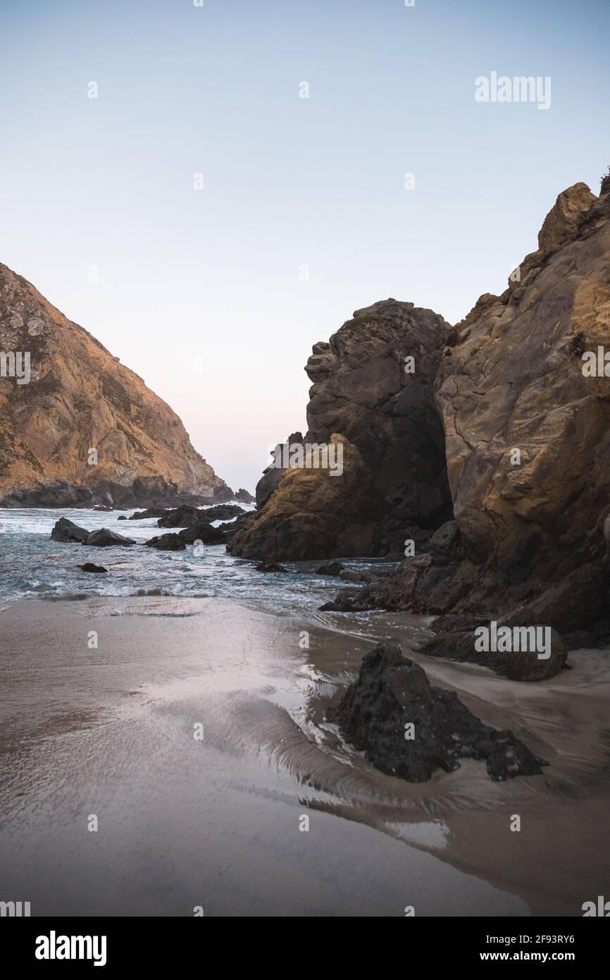 Stunning view of the Pfeiffer sandy beach in Big Sur with giant rock ...
