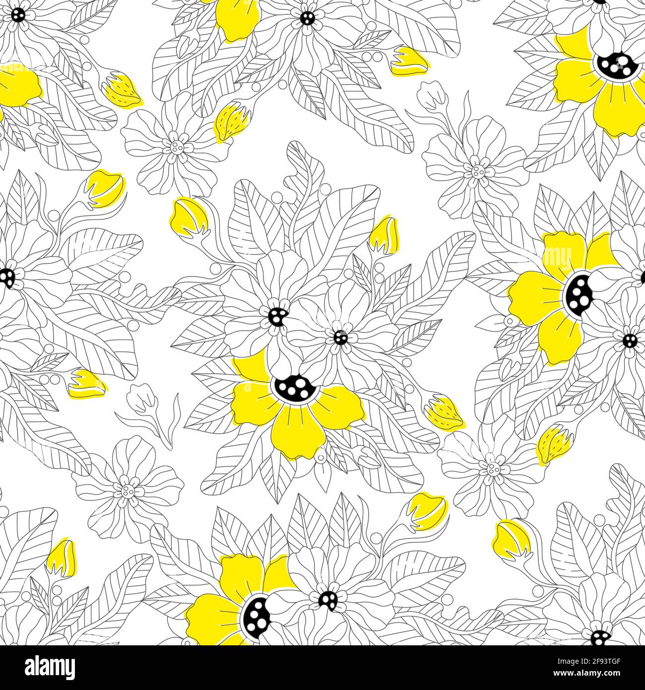 Monochrome doodle bohemian yellow flower seamless pattern, page for ...