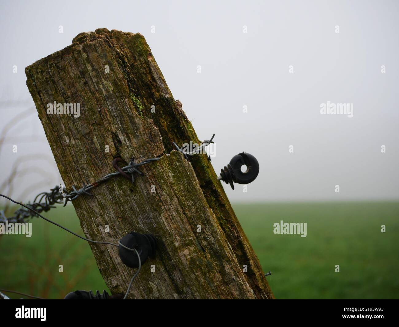 close up of an old wooden post as a fence beam of a barbed wire fence ...