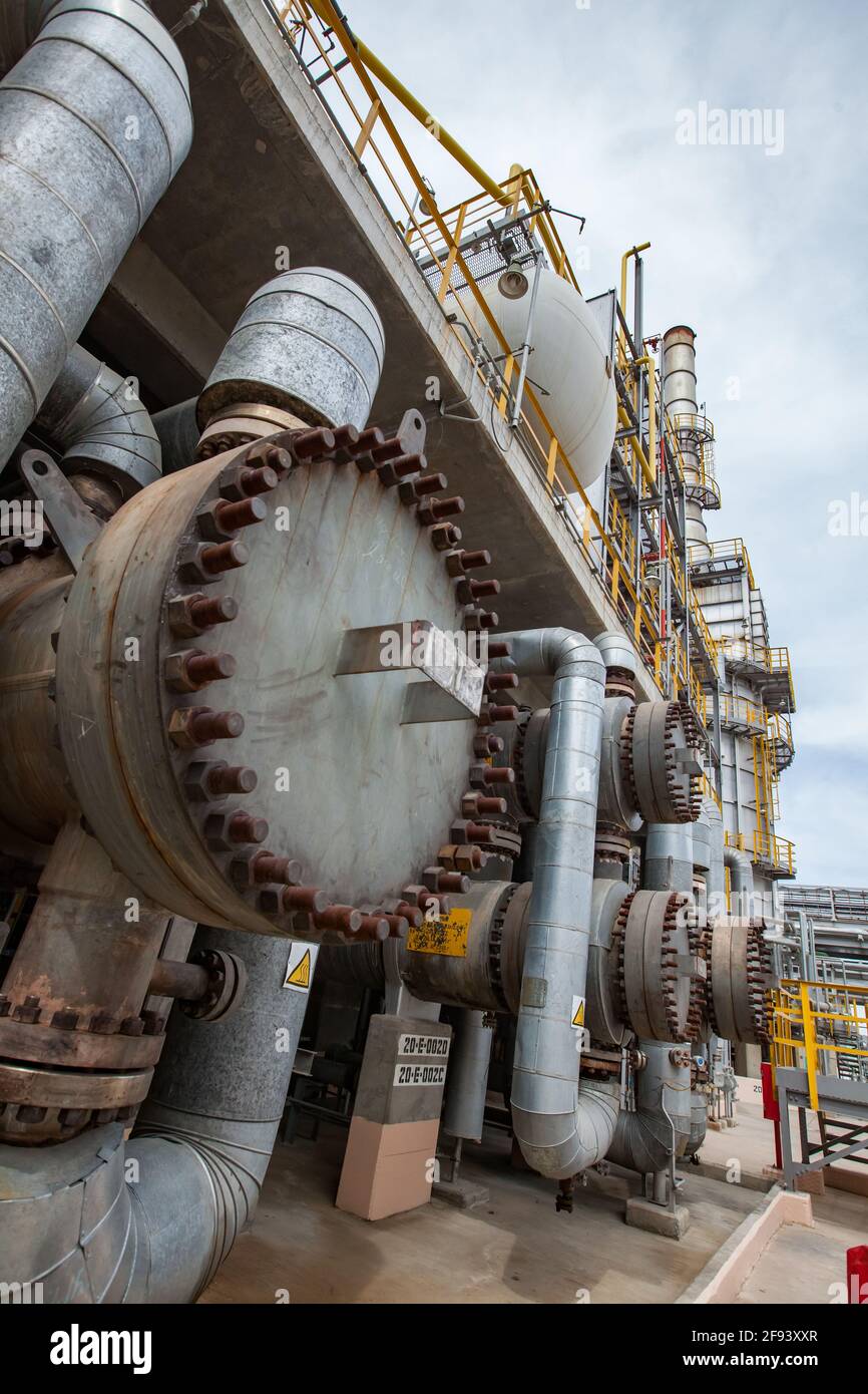 Oil refinery plant. Grey High-pressure tank equipment. Heat exchanger ...