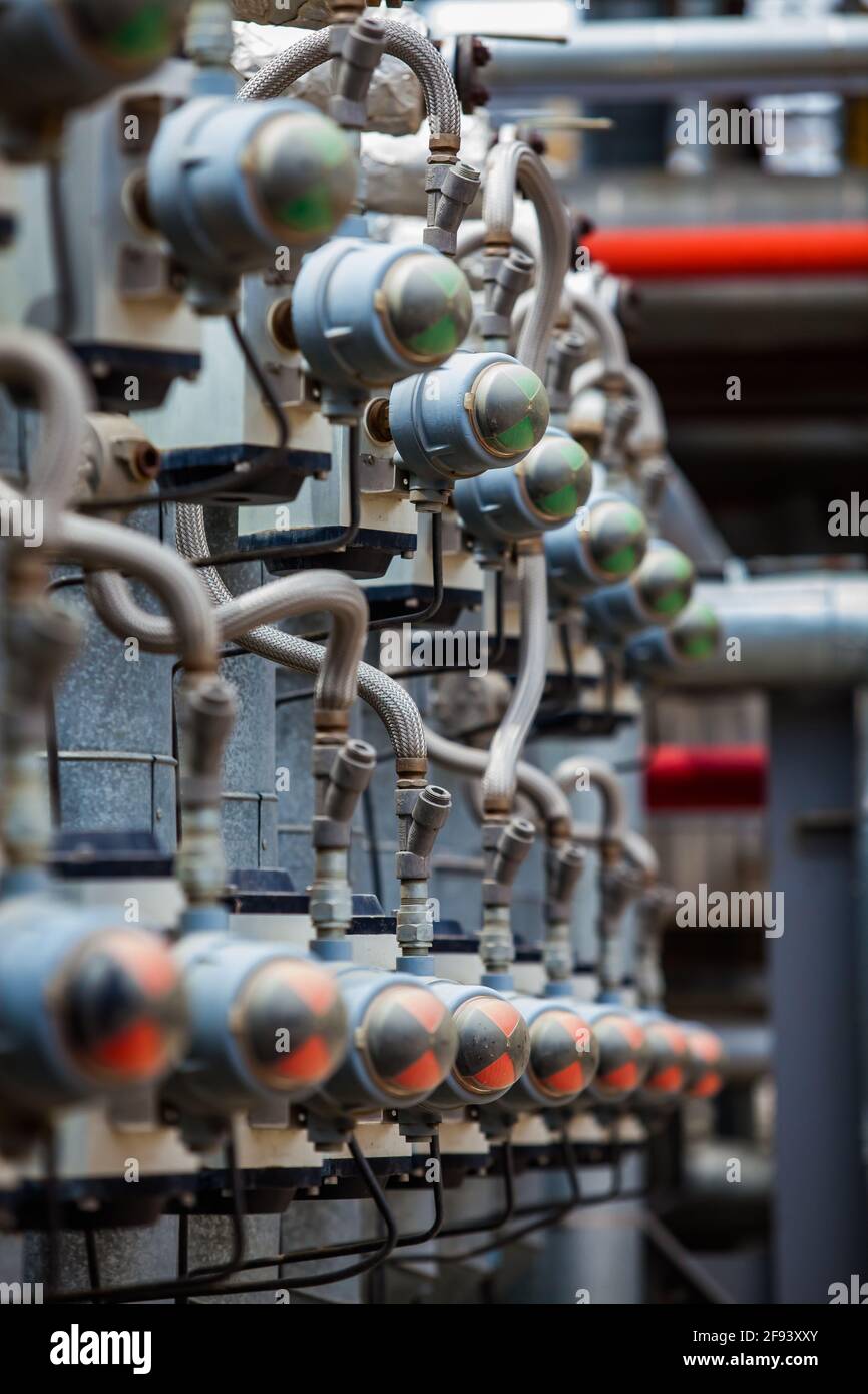 Oil refinery plant.. Valve position monitors."OPEN", green. "CLOSE ...