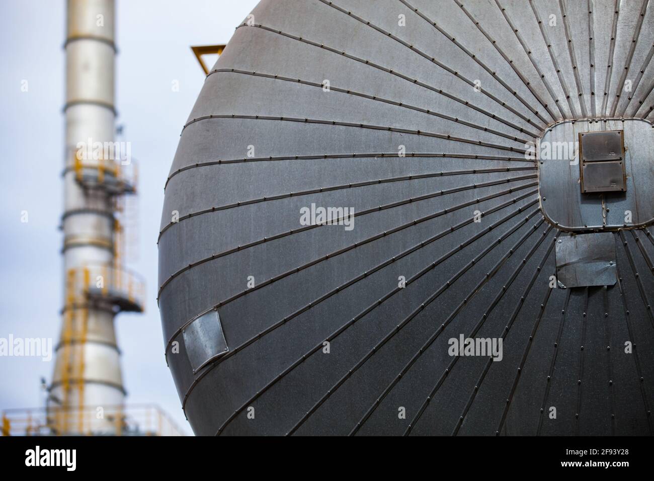Oil refinery plant. Refining complex. Close-up of heat exchanger ...