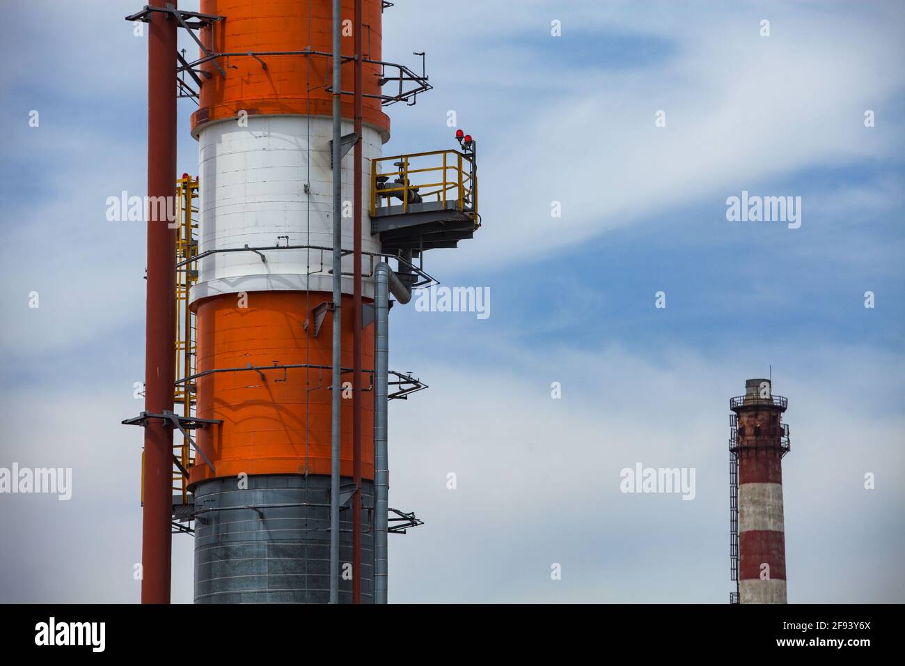 Close-up of oil refinery distillation tower (column) and factory ...