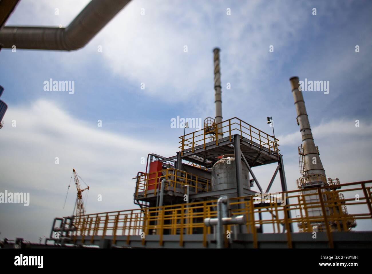 Oil refinery complex columns, towers, tank and pipelines. Tilt-shift ...