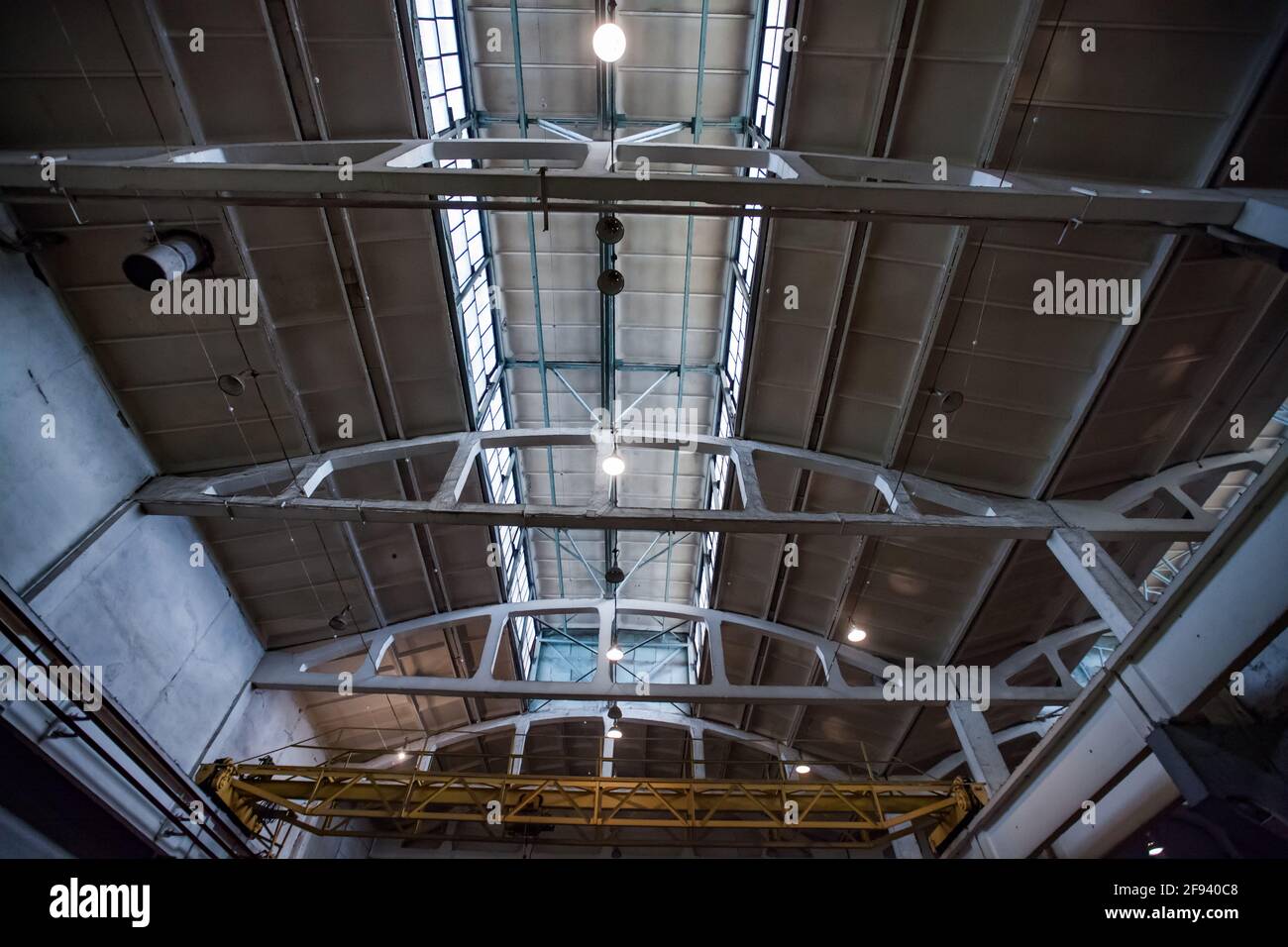 View on industrial building ceiling and roof. Concrete girders. Train ...