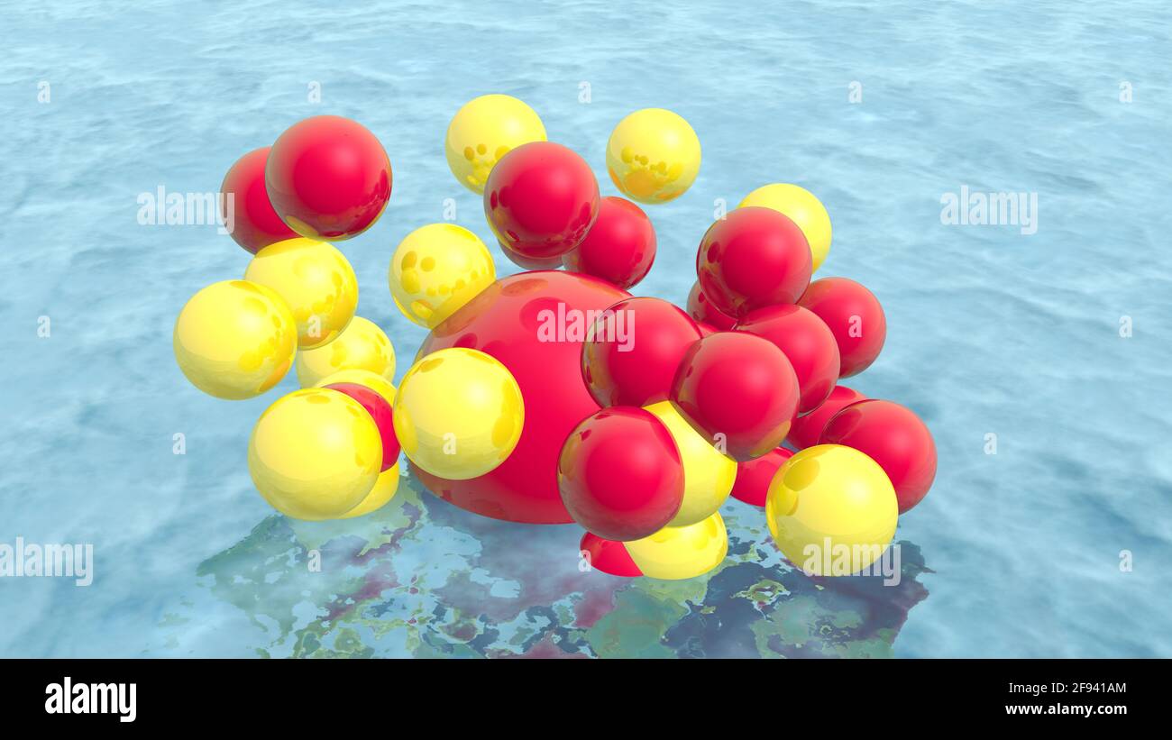 Large group of orbs or spheres levitation above water surface. 3D ...