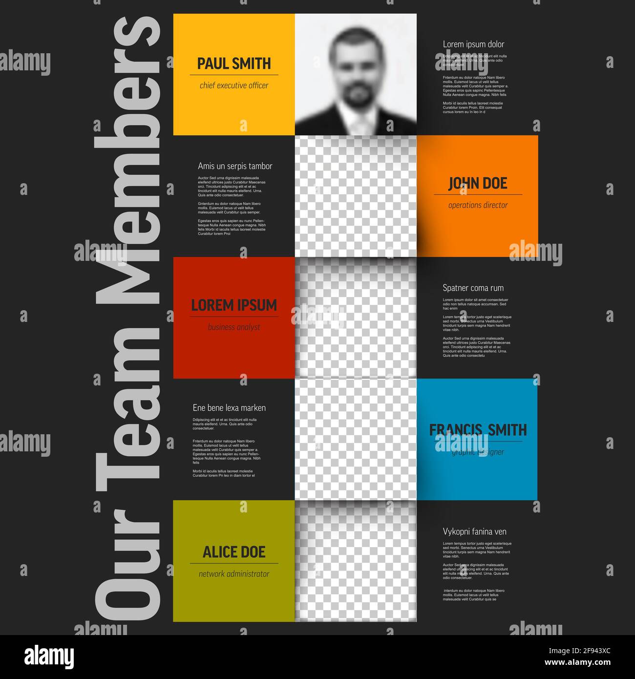 Company team members dark color mosaic presentation template with team ...