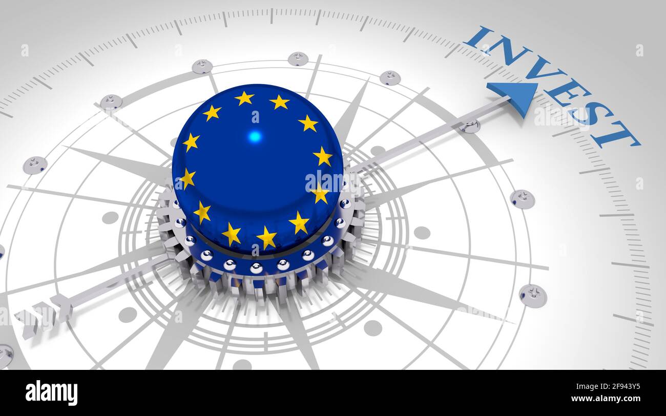 Business concept. Abstract compass points to the invest word. Flag of ...