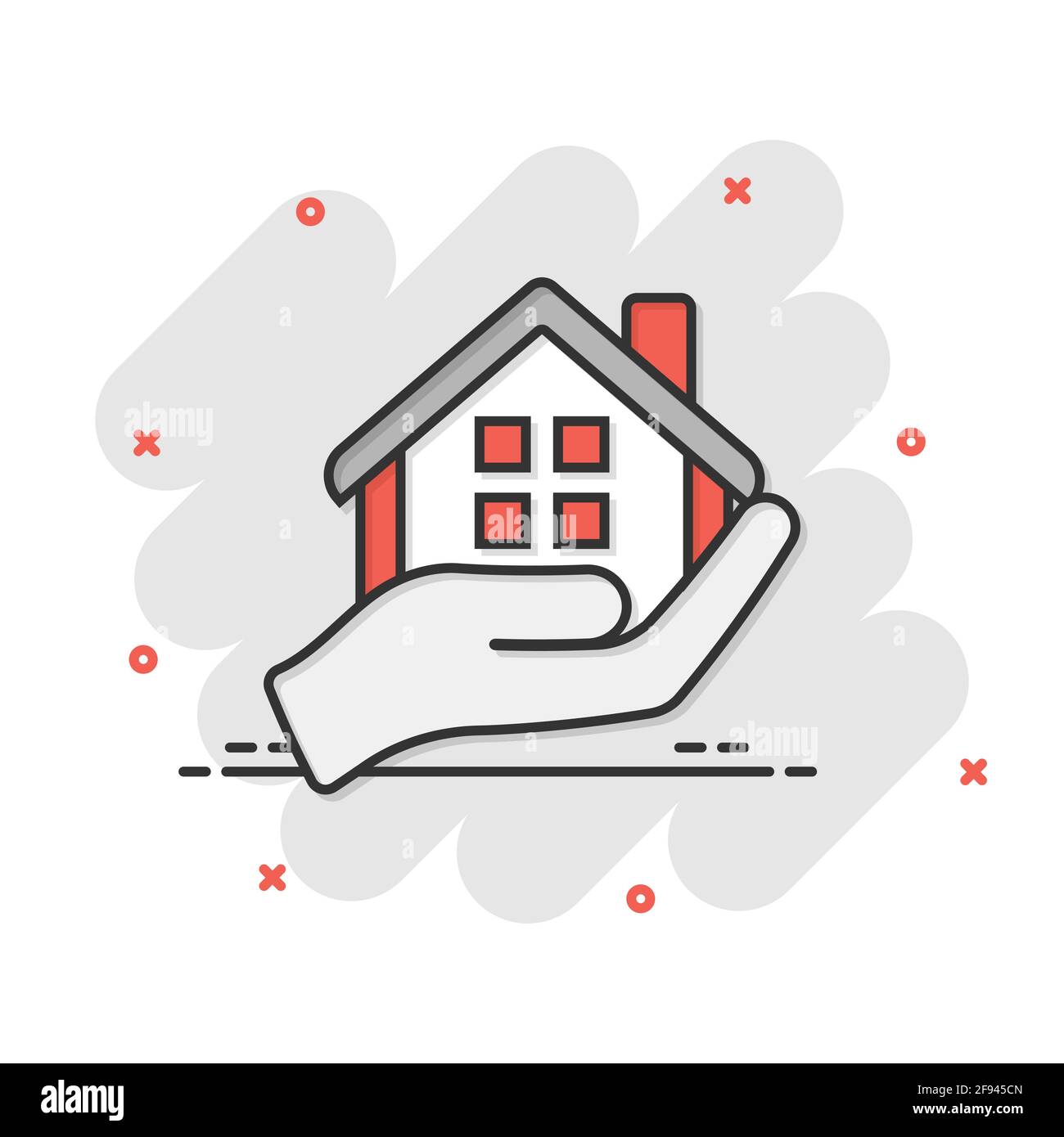 Home care icon in comic style. Hand hold house vector cartoon ...