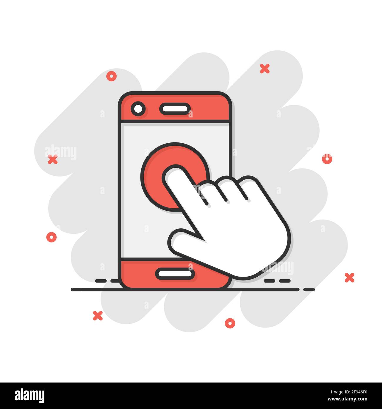 Hand touch smartphone icon in comic style. Phone finger vector cartoon ...