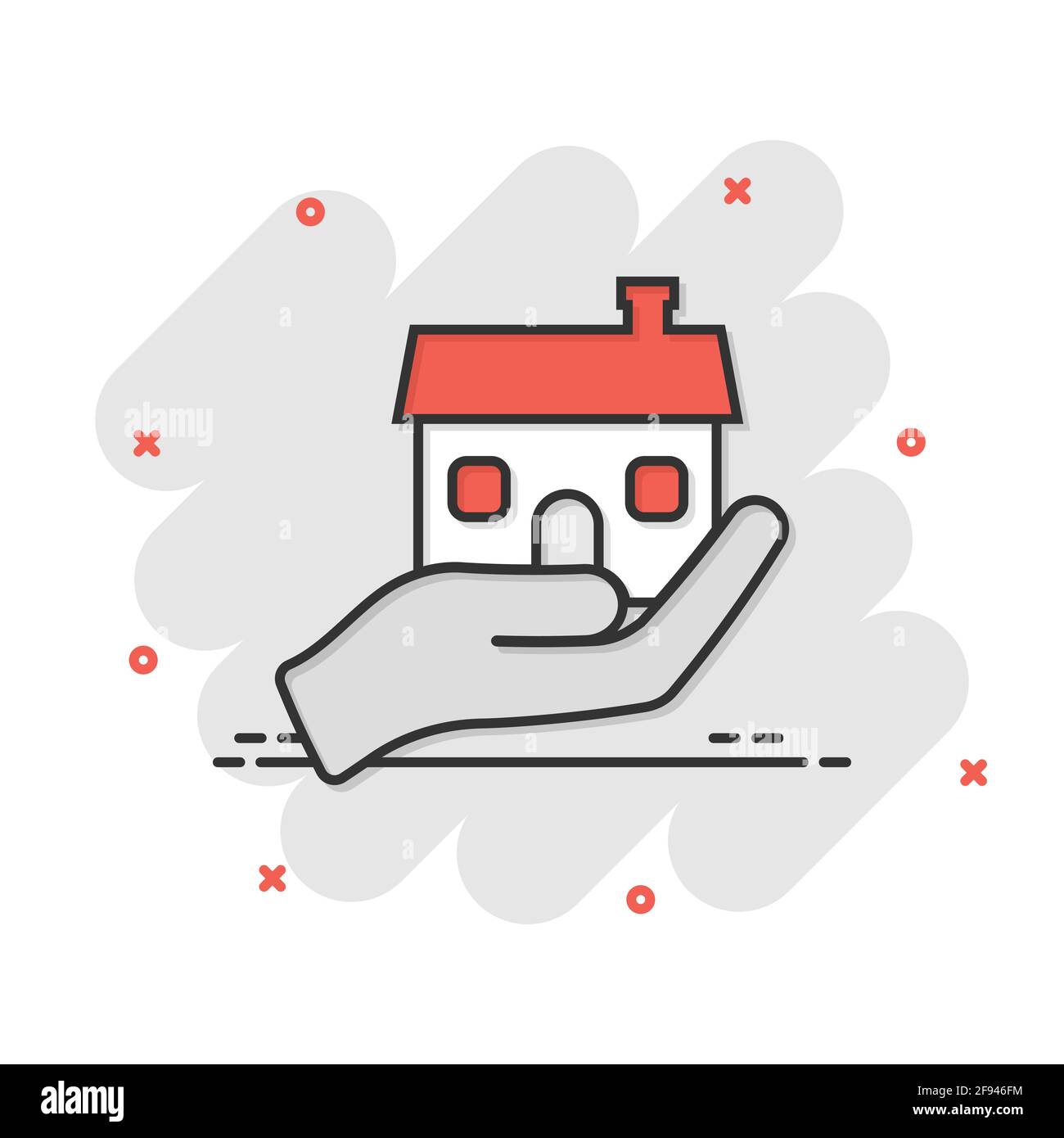 Home care icon in comic style. Hand hold house vector cartoon ...