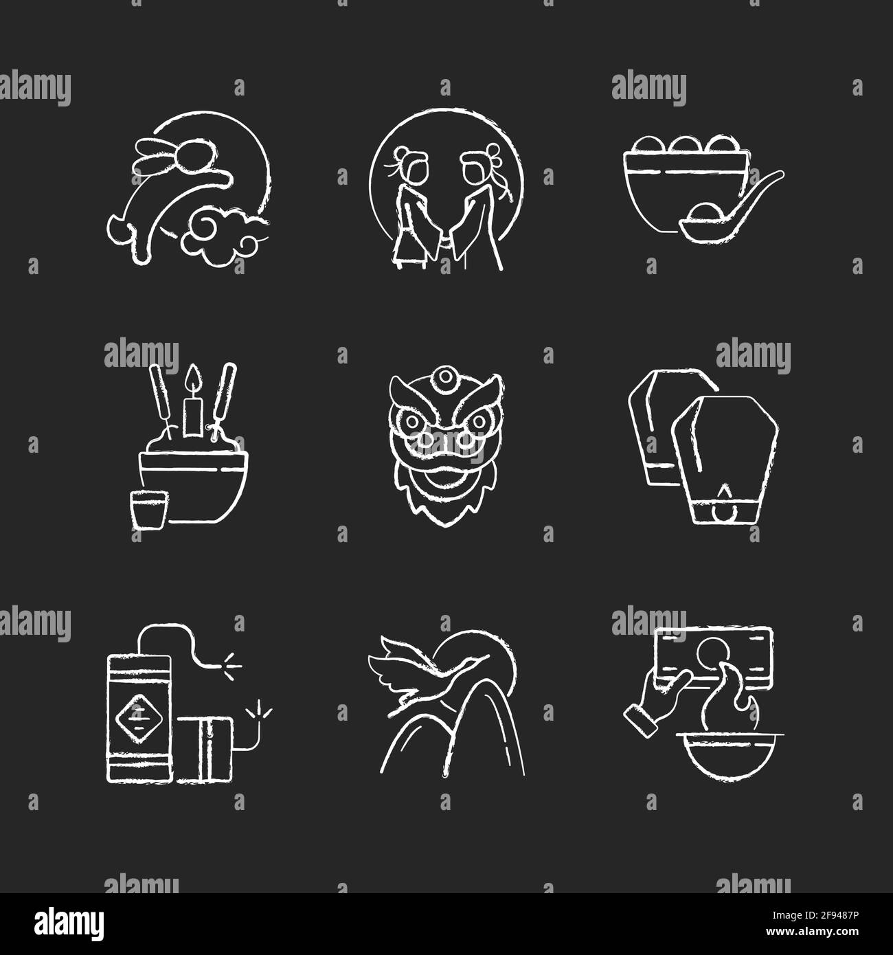 Chinese holidays chalk white icons set on black background Stock Vector ...