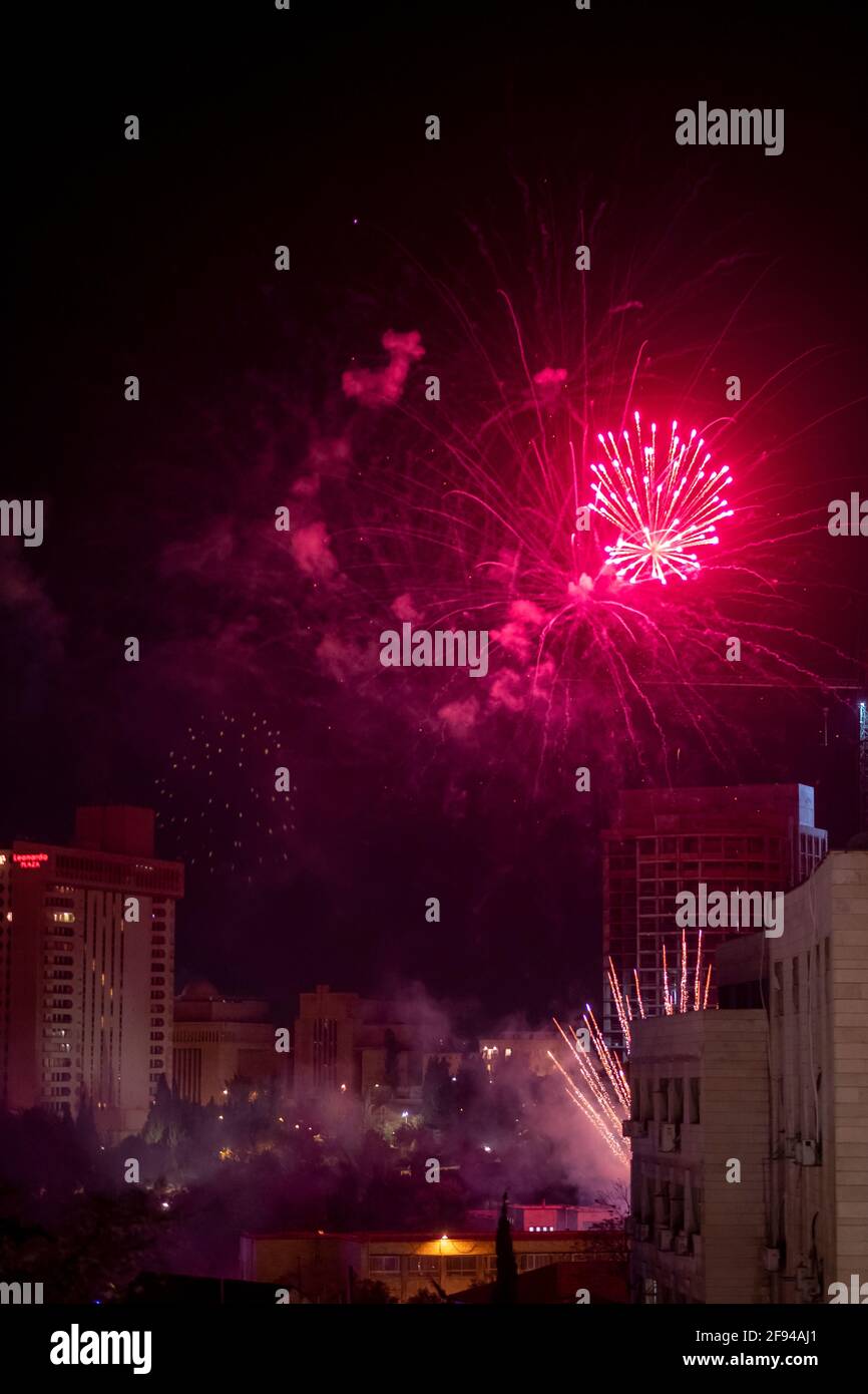 Fireworks over the sky during the celebrations for the 73rd Israel ...