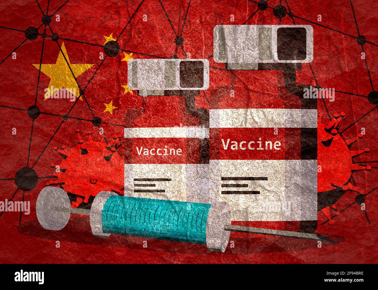 Medicine vials and syringe. Bottle label with vaccine word. Connected ...