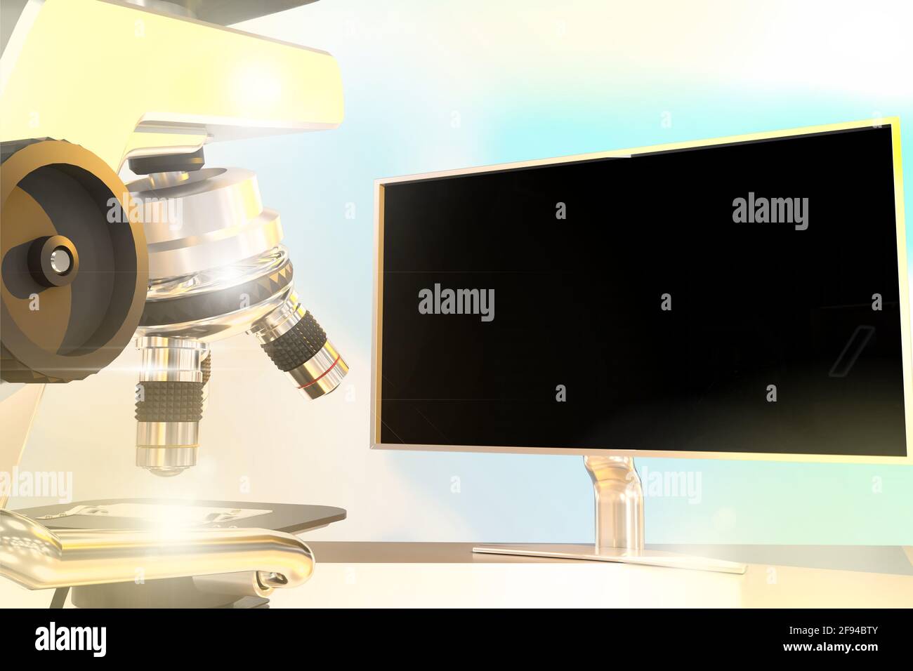 physics work concept, lab electronic microscope and monitor with blank ...