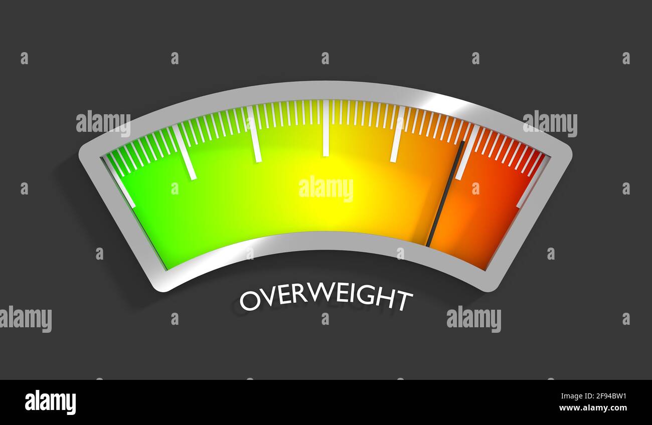 Body mass meter read high level result. Color scale with arrow from red ...