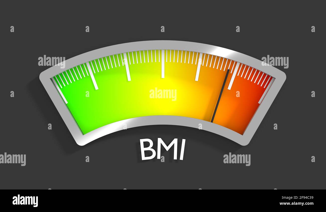 Body mass index meter read high level result. Color scale with arrow ...