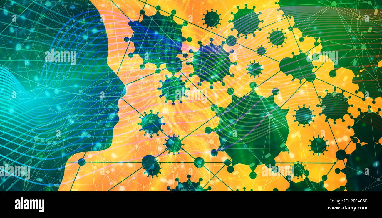 Silhouette of a man head and viruses. Health relative brochure, report ...