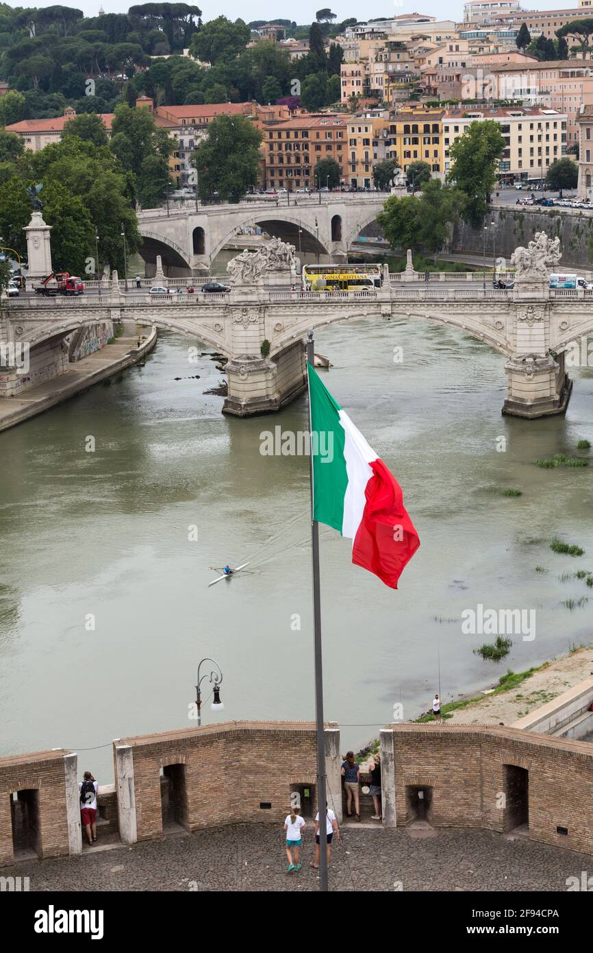 Angelo Castle in Rome with Italian flag Stock Photo - Alamy