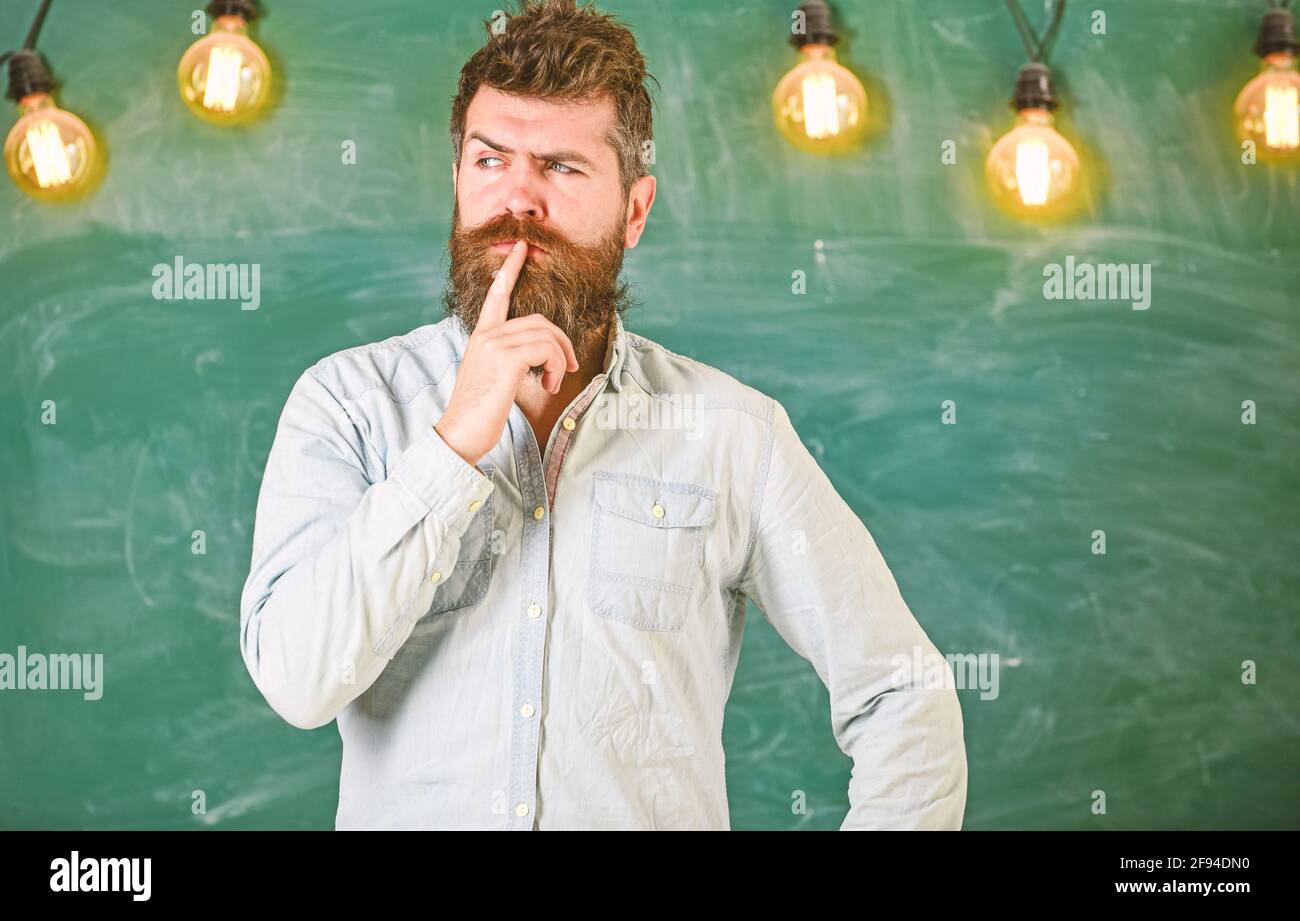 Intellectual task concept. Man with beard and mustache on thoughtful ...