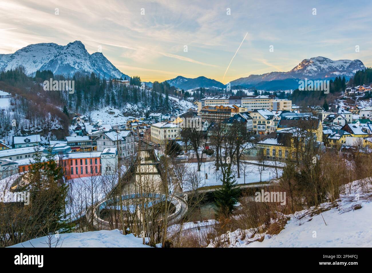 Aerial view of Bad Aussee town famous for skiing and spa treatment ...