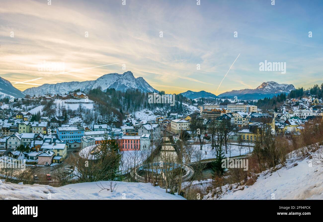 Aerial view of Bad Aussee town famous for skiing and spa treatment ...