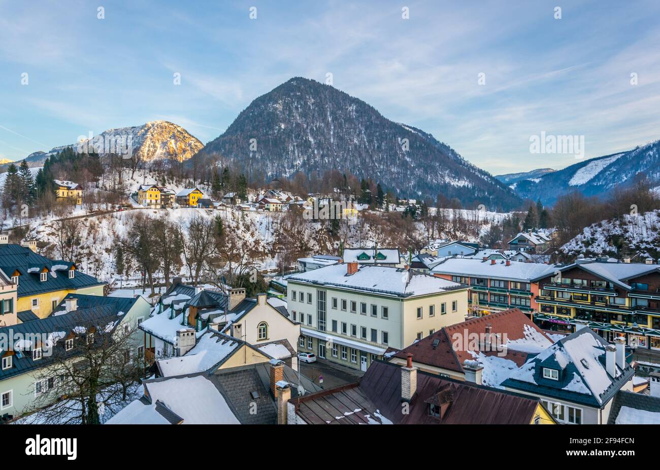 Aerial view of Bad Aussee town famous for skiing and spa treatment ...