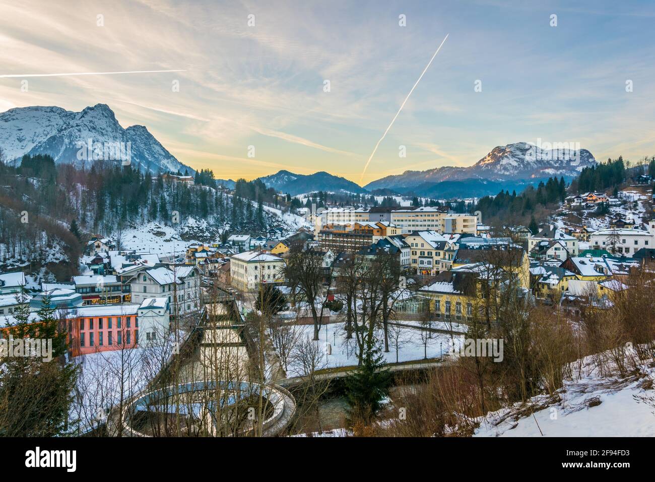 Aerial view of Bad Aussee town famous for skiing and spa treatment ...