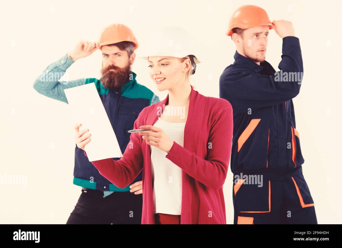 Female boss concept. Woman in hard hat with busy face Stock Photo - Alamy