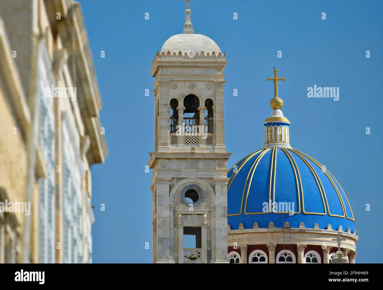 Dome and belfry view of Aghios Nikolaos, a Byzantine Greek Orthodox ...